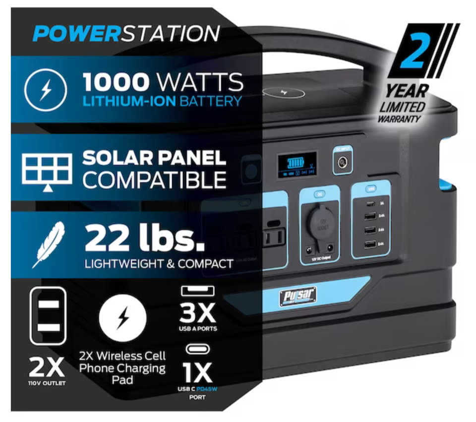 Pulsar 1000-Watt Power Station with Push Button Start Battery Portable ...