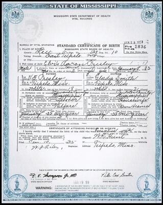 Licensed Graceland REPLICA REPRODUCTION ELVIS PRESLEY Birth Certificate ...