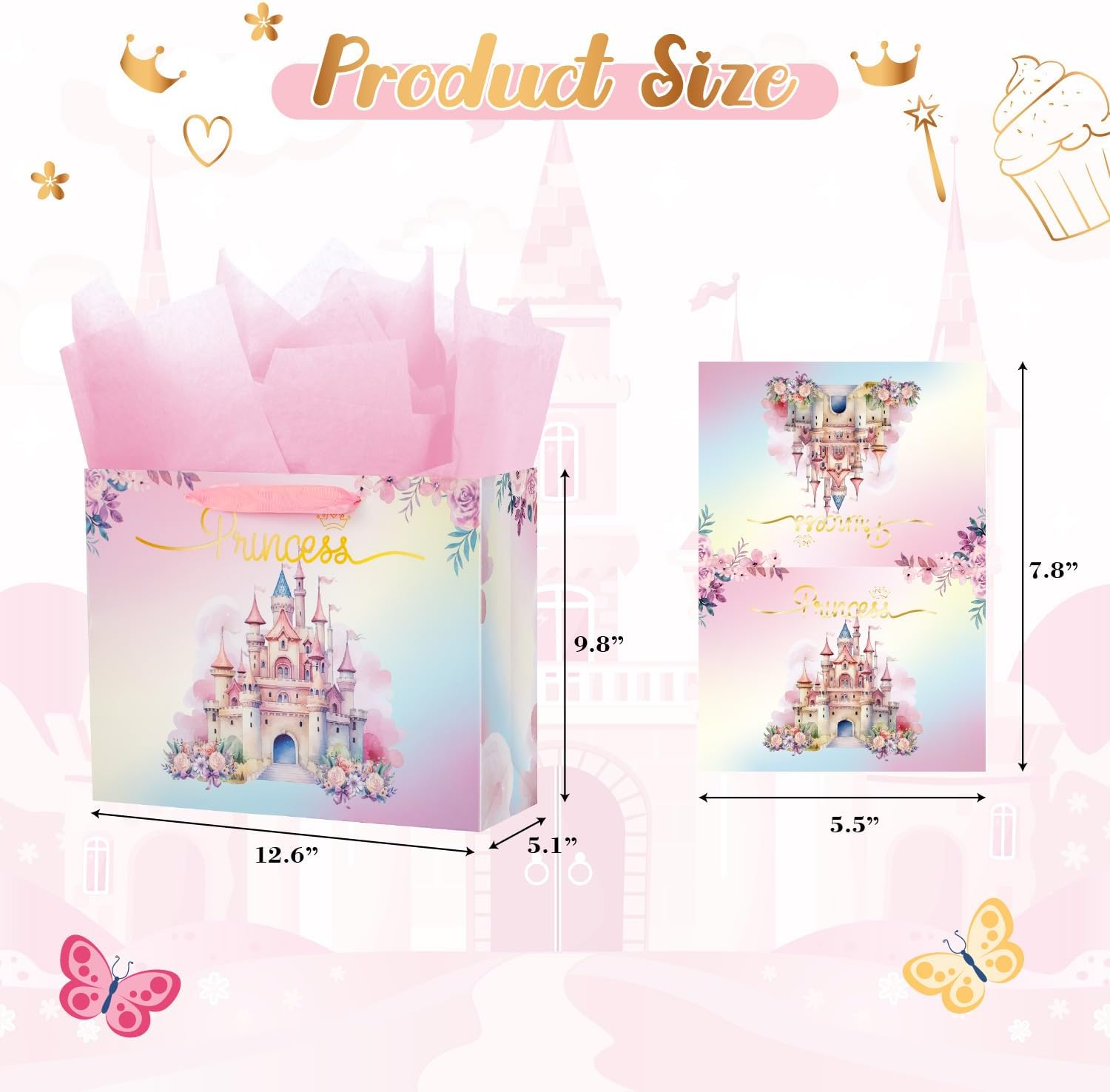 13" Large Pink Castle Birthday Gift Bag with Tissue Paper for Party ...