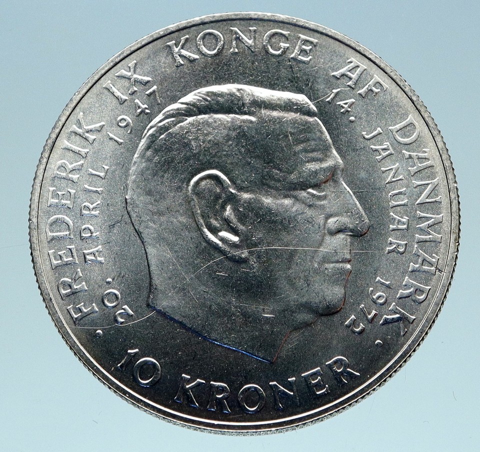 1972 DENMARK King Frederick IX & Queen Margrethe II Silver 10 Kroner ...