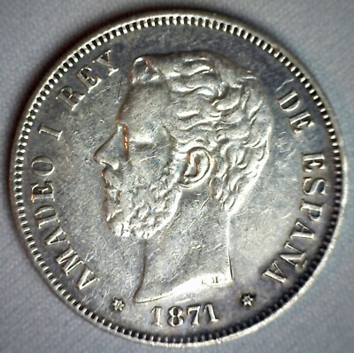 1871 Spain Silver 5 Pesetas Coin Circulated You Grade Amadeao I Ruler 6 ...