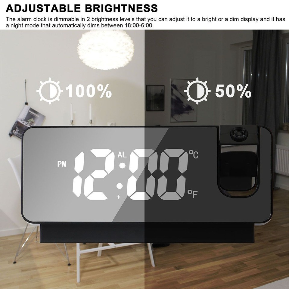 7.3" LED Digital Projector Projection Snooze Dual Alarm Clock Mirror ...
