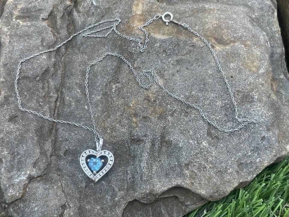 925 Sterling Silver 19" Necklace Sky Blue Cubic Zirconia Topaz Heart ...