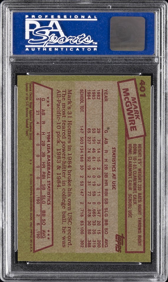 1985 TOPPS 1984 USA BASEBALL TEAM #401 MARK MCGWIRE ROOKIE RC PSA 9 OC ...