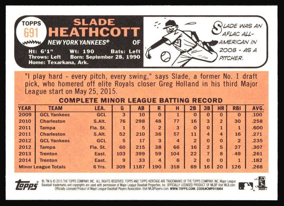 2015 Topps Heritage Slade Heathcott Rookie #691 New York Yankees | eBay
