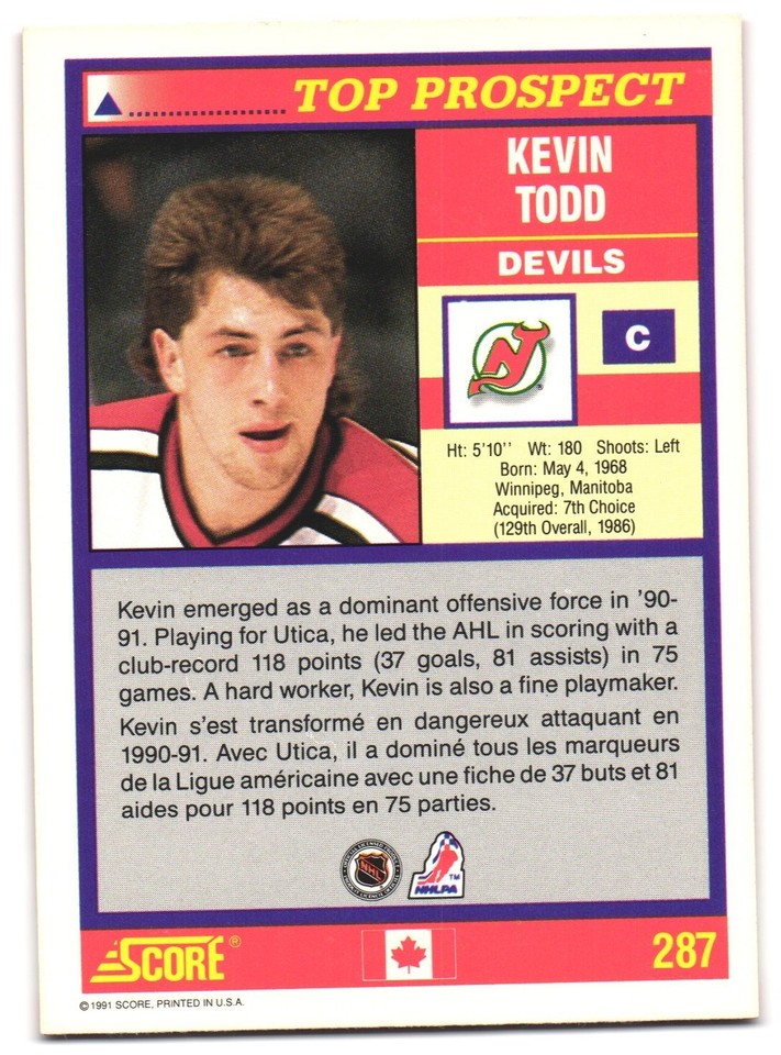 Kevin Todd 1991 Score Canadian Bilingual Rookie #287 Devils Autograph ...
