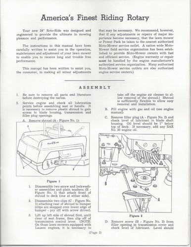 Riding Mower Operator Instruction Maint Manual Fits Moto-Mower 24” ROTO ...