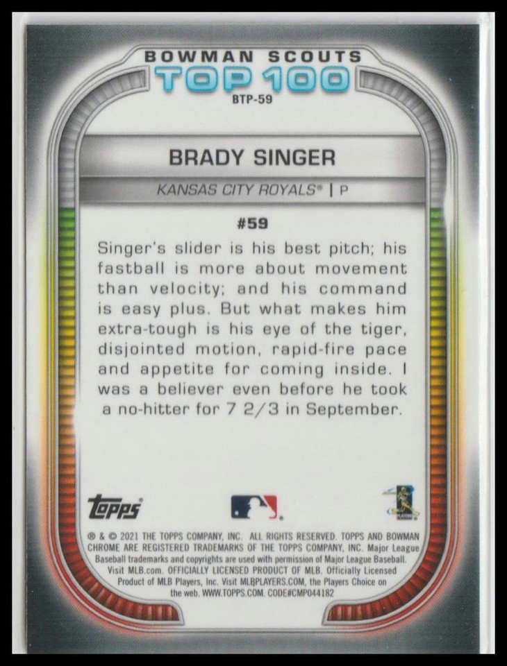 2021 Bowman #BTP-59 Brady Singer Chrome Bowman Scouts Top 100 | eBay