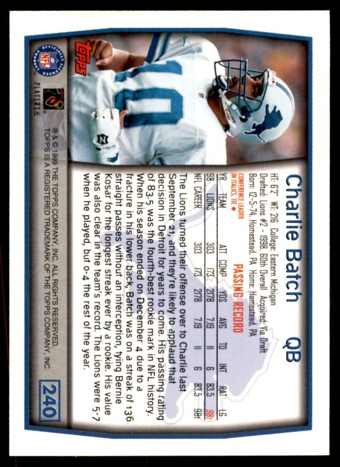 1999 TOPPS CHARLIE BATCH DETROIT LIONS #240 | eBay