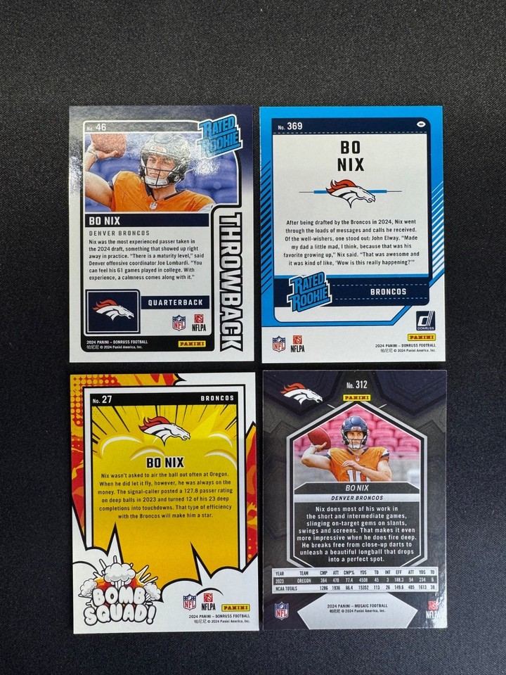 (4) Bo Nix RC Donruss Throwback Bomb Squad Mosaic Rated Rookie Denver ...