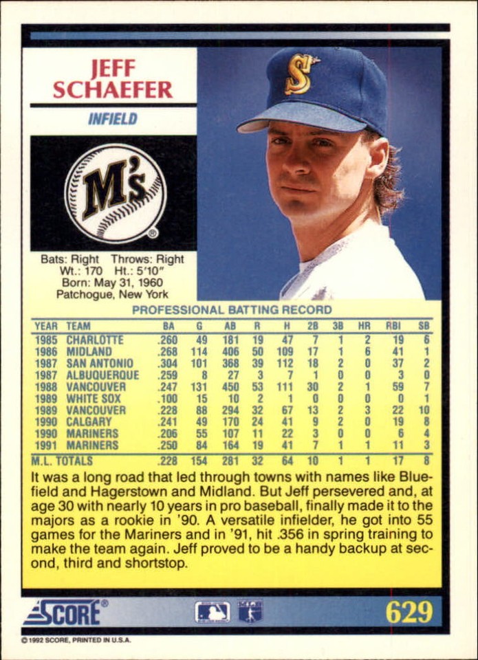 1992 Score Seattle Mariners Baseball Card #629 Jeff Schaefer | eBay