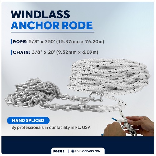 Windlass Anchor Rode 5/8"x250' 3-Strand Rope - 3/8"x20' G4 Galvanized ...