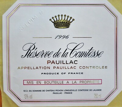 Etiquette Vin FRANCE Reserve de la Comtesse 96 Pauillac Ch Pichon L ...