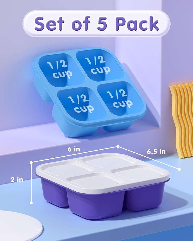 5 PCS Bento Snack Containers, Reusable 4 Compartment Divided Food ...