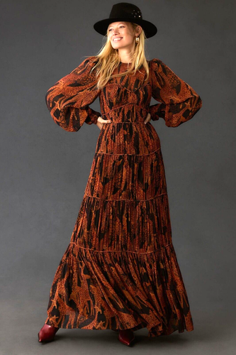Farm Rio Puff Sleeve Maxi Dress Anthropologie Giraffes Corset Piping ...