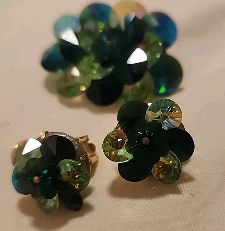 VTG Light Green & Green Glass Rivoli-Margarita Wired Crystals Brooch ...