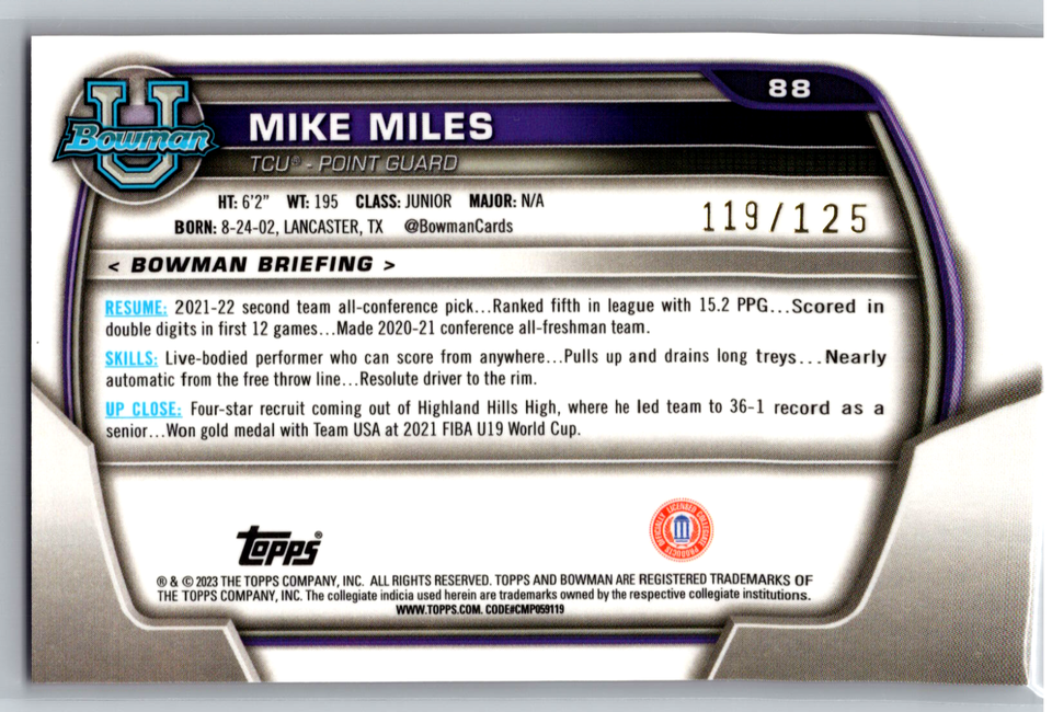 Mike Miles Jr 2022-23 Bowman University Chrome 1st Pink Wave Refractor ...