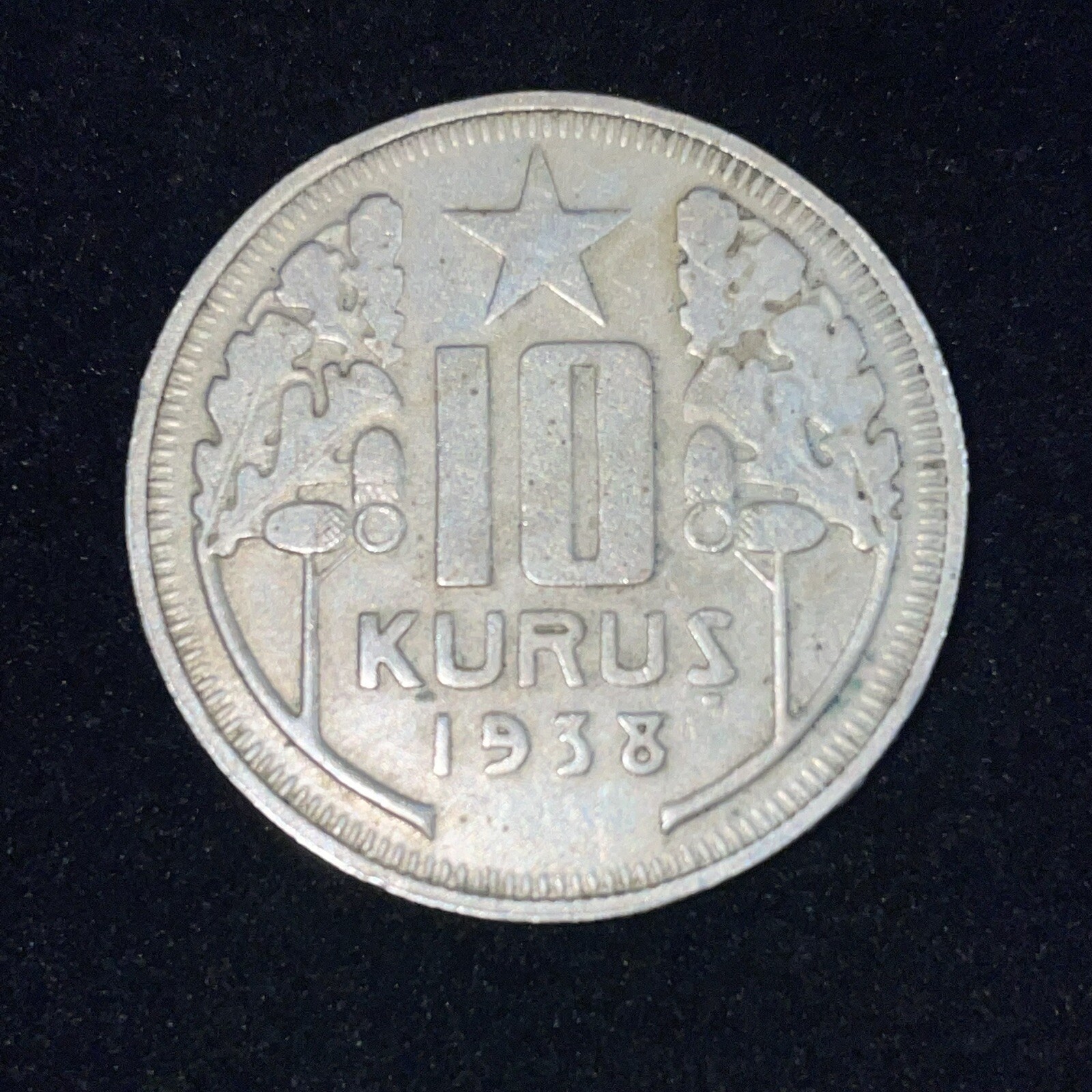 Turkey 10 Kurus 1938 Coin Star Crescent Moon Old Lira 25.5mm Turkiye KM ...