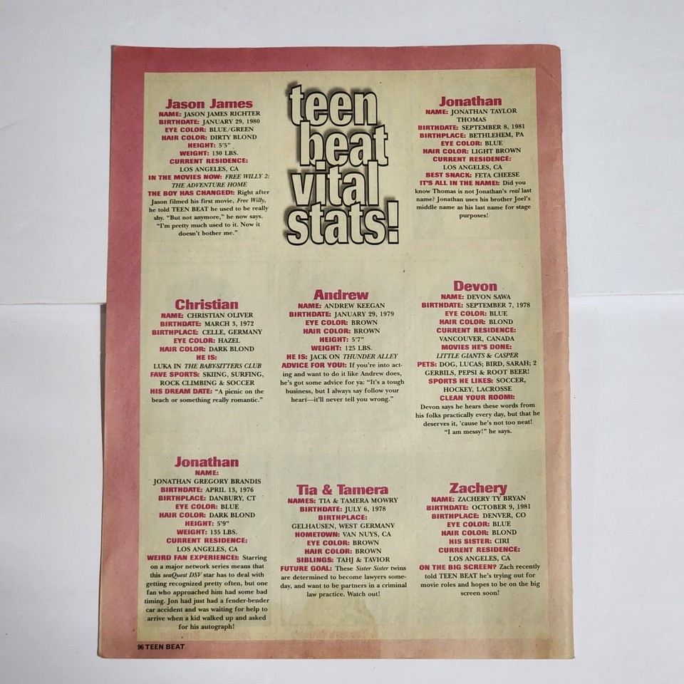 Vintage Teen Beat Wallet Pix JTT Devon Sawa Jonathan Brandis Tia Mowry ...