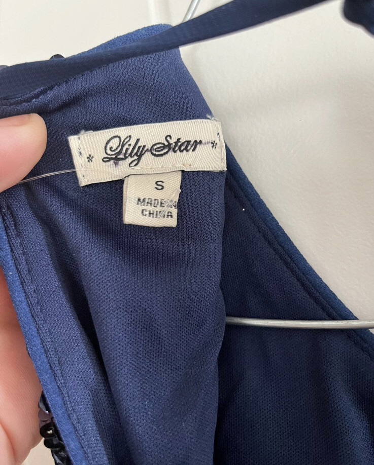 Lily Star Navy Blue Swirled Pattern Sequined Swing Dr… - Gem