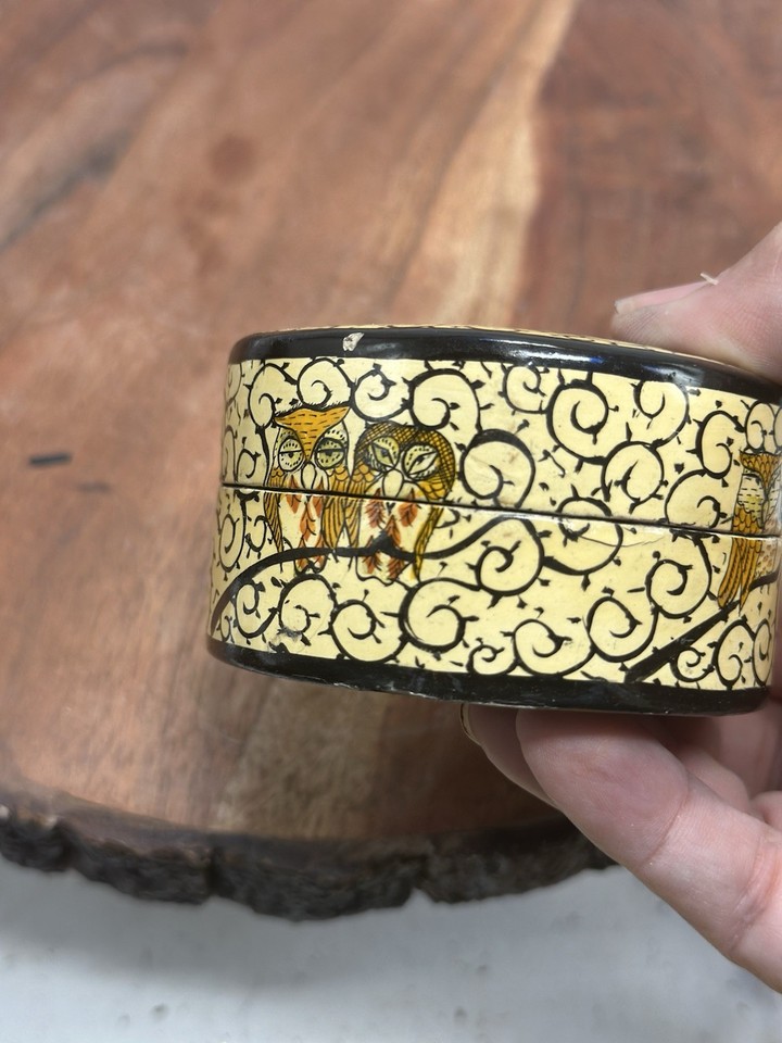Vintage Paper Mache Lacquered Owls Lidded Trinket Box Kashmir India ...