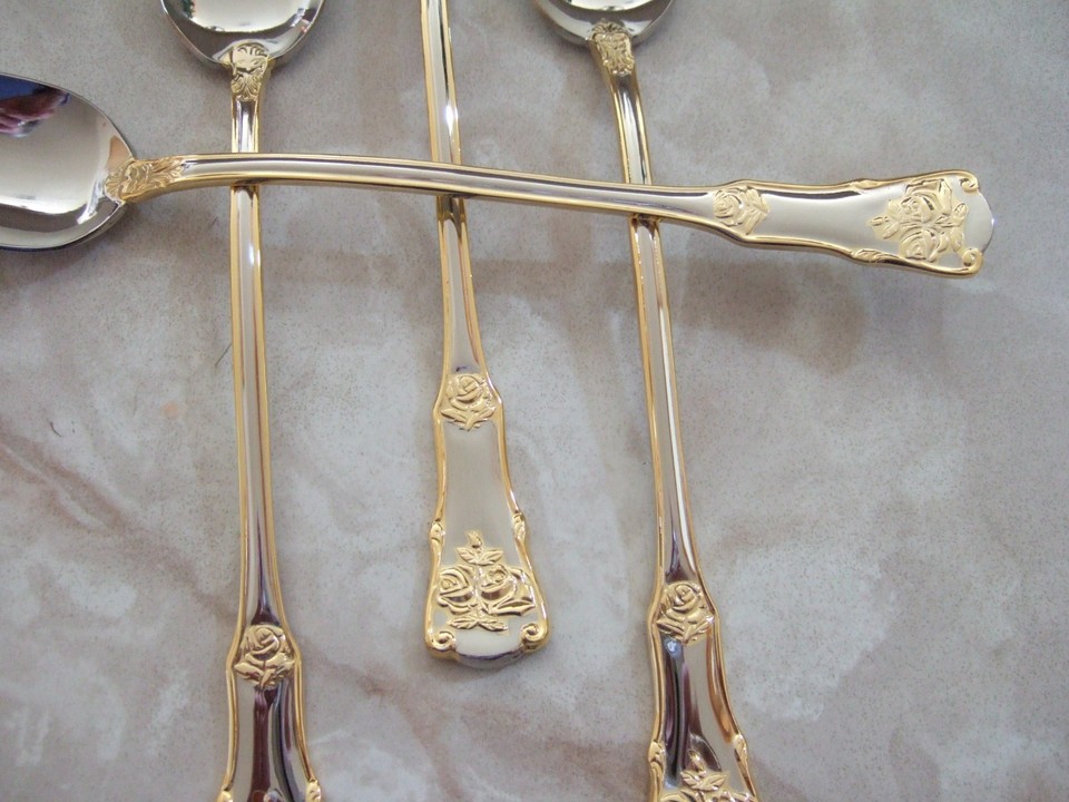 SET OF 4 Iced Tea Spoons ROYAL ALBERT OLD COUNTRY ROSES GOLD 18/10 ...