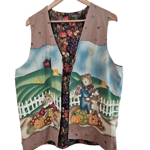 Vintage Fall Vest Womens Size XXL Brown Scarecrow Floral Handmade ...