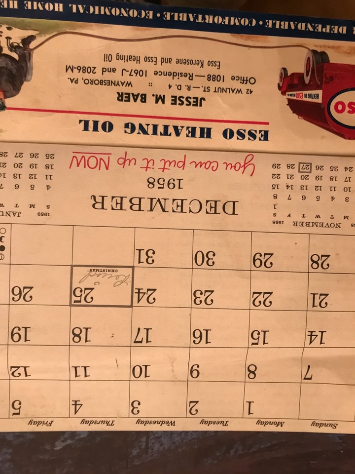 1958 ESSO TRAVEL CALENDAR ESS0 NHEATING OIL JESSE BAER WAYNESBORO PA ...