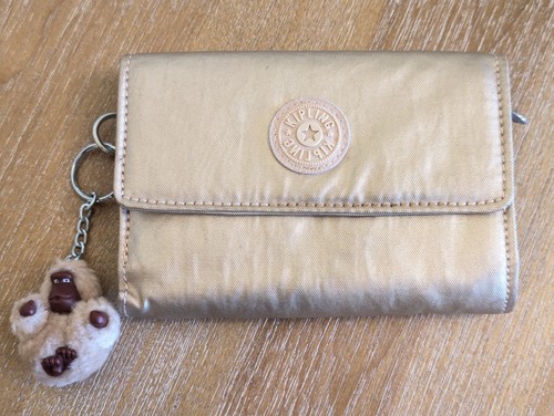 Kipling PIXI Snap Medium Trifold Wallet Organizer Gold Metallic Nylon w ...
