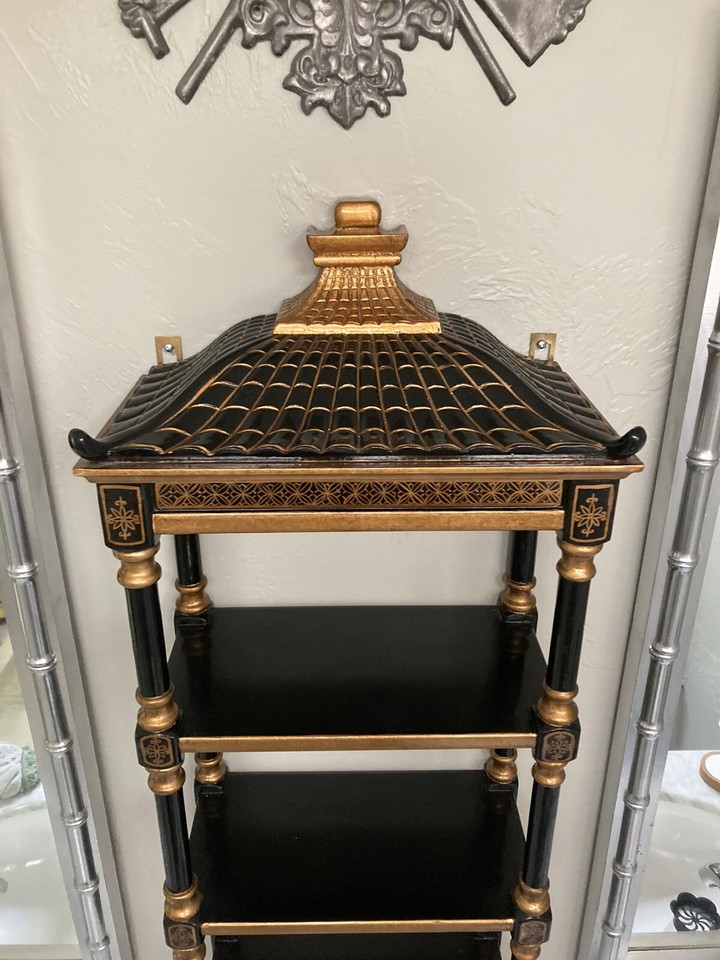 Chinoiserie Style Pagoda Wall Shelf Black Gold Faux Bamboo Asian W ...
