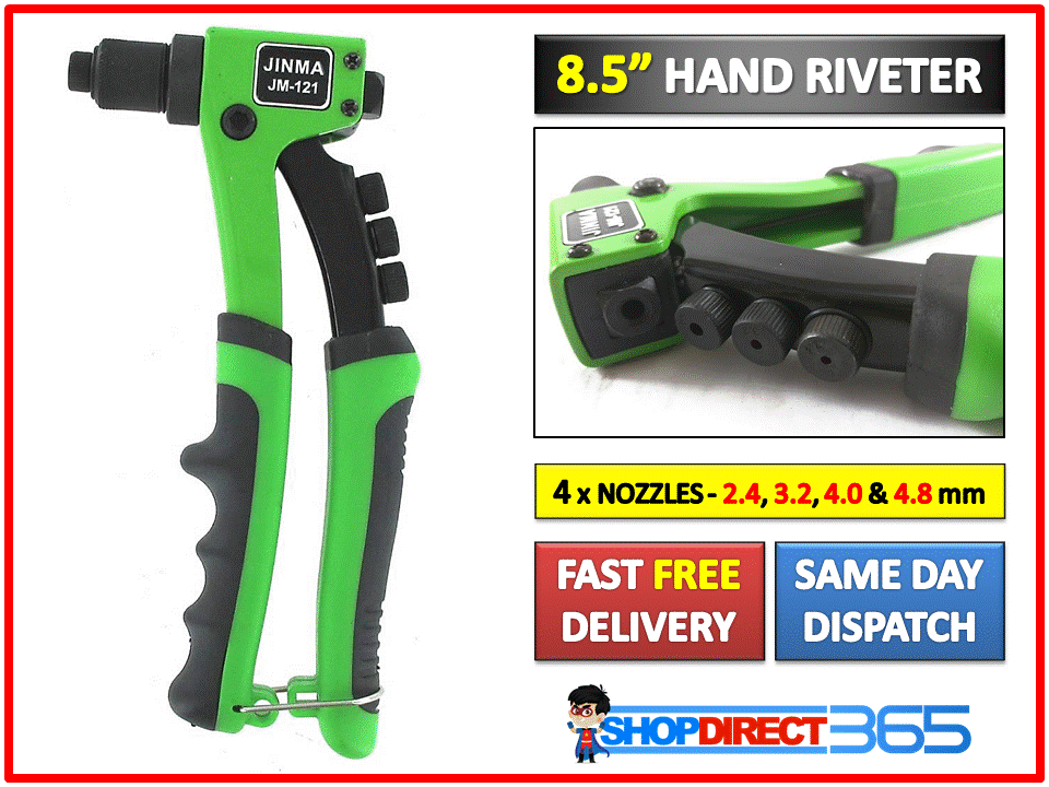 HEAVY DUTY POP RIVET RIVETING GUN HAND RIVETER TOOL + 4 HEAD NOZZLES ...