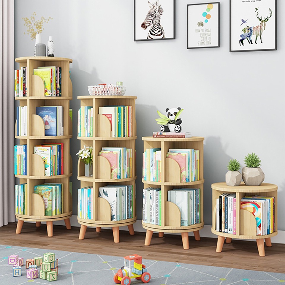 1-5 Tier Rotating Bookshelf 360°Solid Wood Spinning Bookshelf Revolving Bookcase | eBay