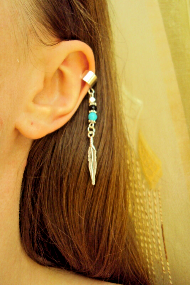 Turquoise Ear Cuff Earring Silver Feather Cartilage Wrap Native ...
