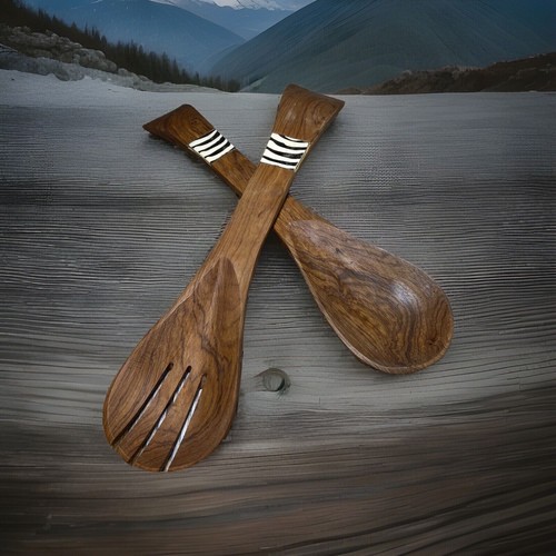 Wooden Salad Serving Set Spoon/Fork Zebra Stone Inlay Handles Animal ...