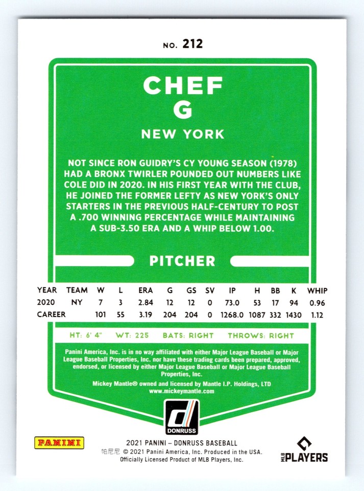 2021 Donruss #212b Gerrit Cole "Chef G" New York Yankees | eBay