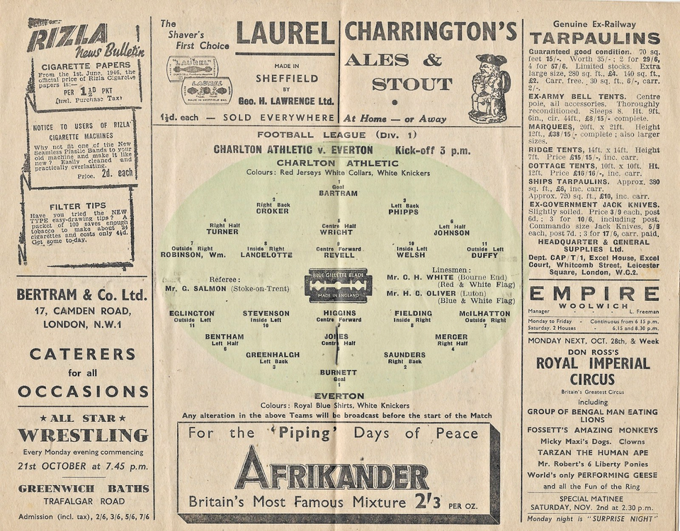 CHARLTON ATHLETIC V EVERTON ~ 26 OCTOBER 1946 ~ GOOD CONDITION ...