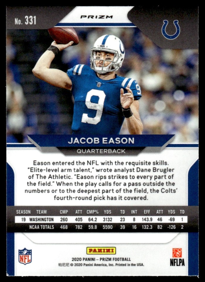 2020 Panini Prizm Orange Lazer Jacob Eason Rookie Indianapolis Colts ...
