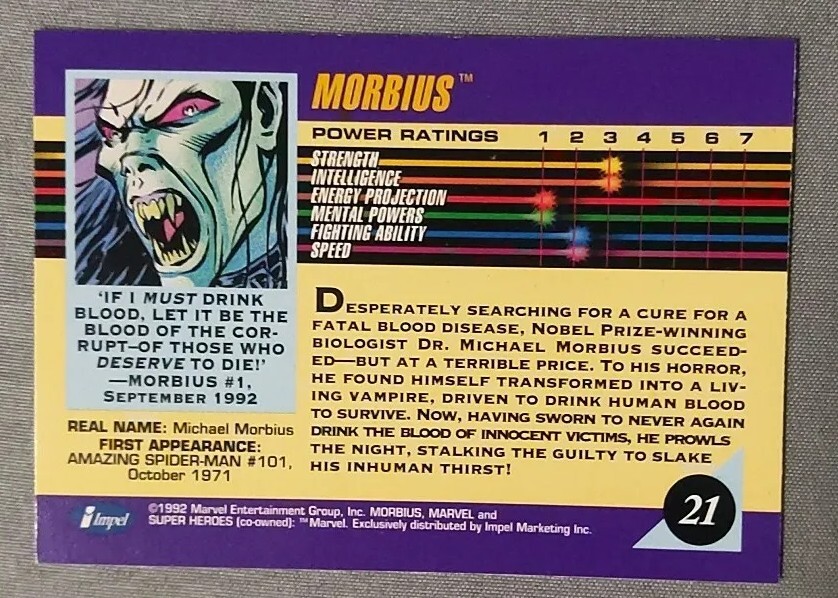 Marvel Impel 1992 Morbius Super-Heroes Card 21 Series 3 MCU Spider-Man ...