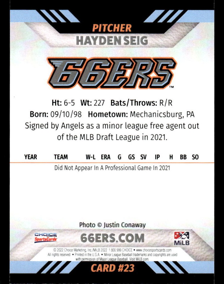 Hayden Seig 2022 Choice Inland Empire 66ers #23 Inland Empire 66ers | eBay