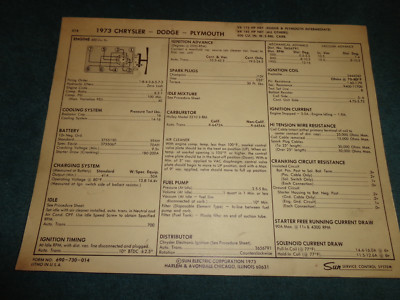 1973 DODGE PLYMOUTH CHRYSLER 400 V-8 ENGINE SUN TUNE-UP CHART / WITH ...