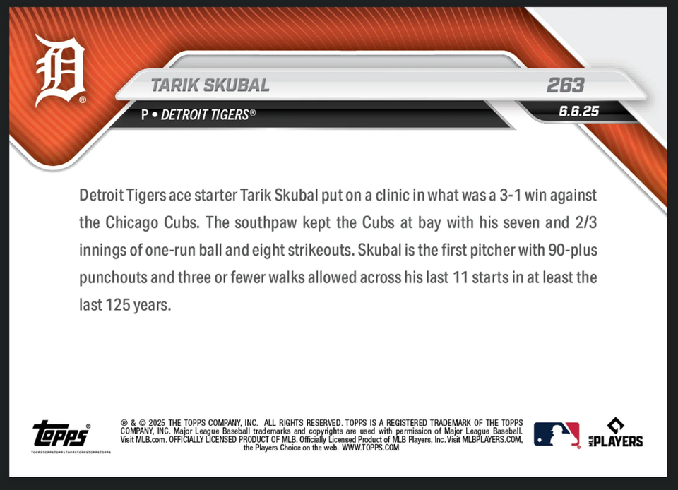 Tarik Skubal 125 Year Record - 2025 MLB Topps NOW® Tigers - Card 263 ...