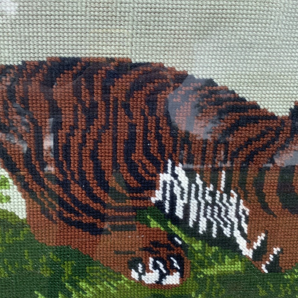 Huge Framed Tiger Needlepoint Art Hand Sewn Vintage Behind Your Touch K ...