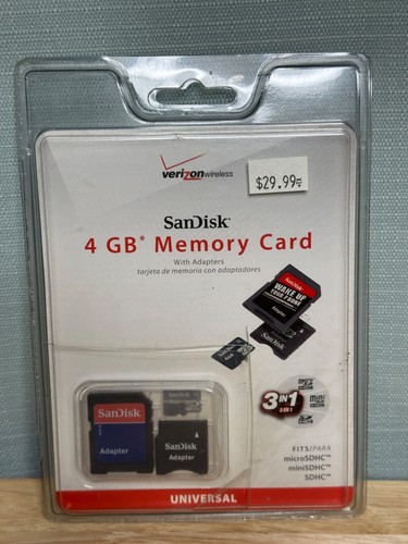 Sandisk 4 GB Micro SD Memory Card with 2 Adapters Verizon Wireless NEW ...