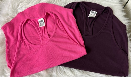 Pink by Victoria’s Secret Racerback Tank Tops XS Pink & Maroon Ribbed ...