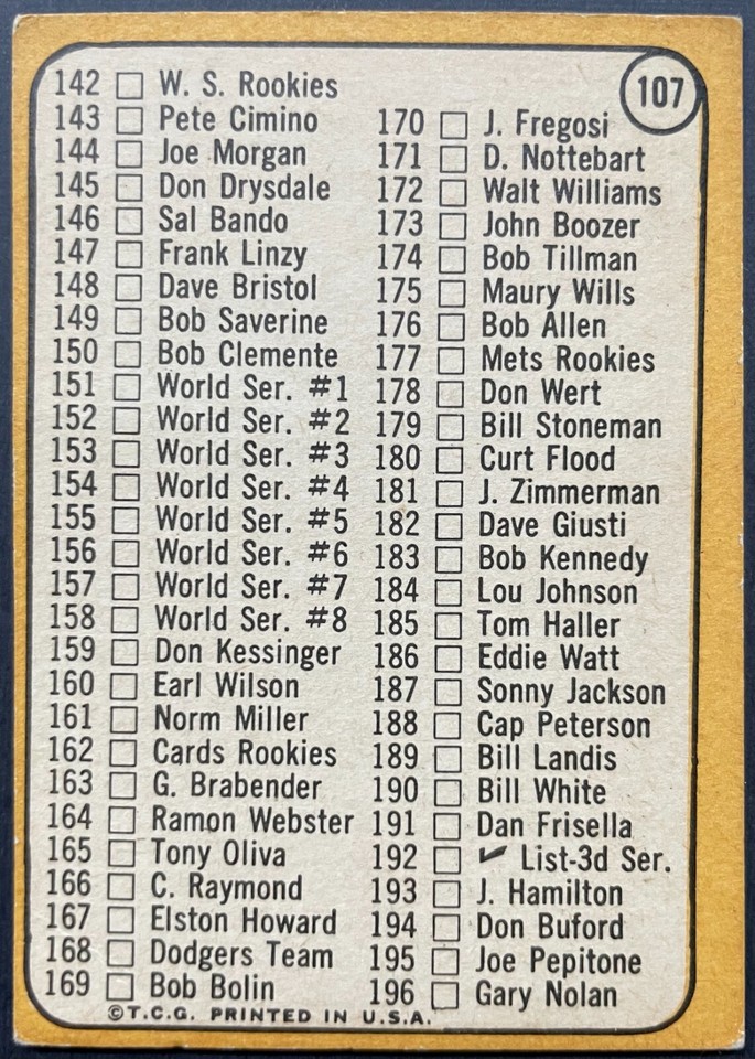 1968 Topps 2nd Series Check List #107 Baseball Trading Card Checklist ...