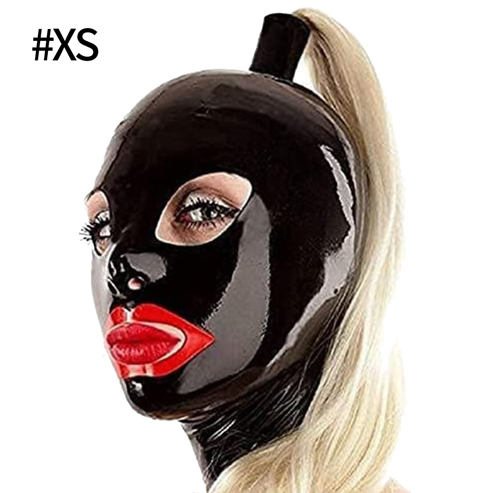Womens Lingerie Latex Hood Mask Face Cover with Ponytail Wig with ...