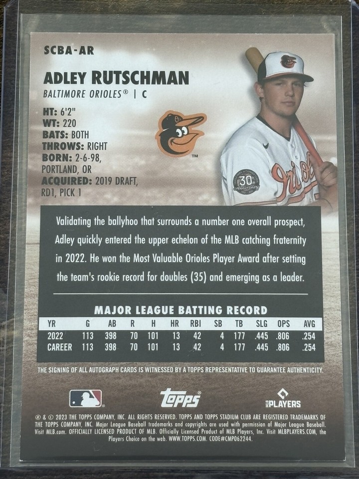 Adley Rutschman 2023 Topps Stadium Club Autograph Rookie Card #SCBA-AR ...