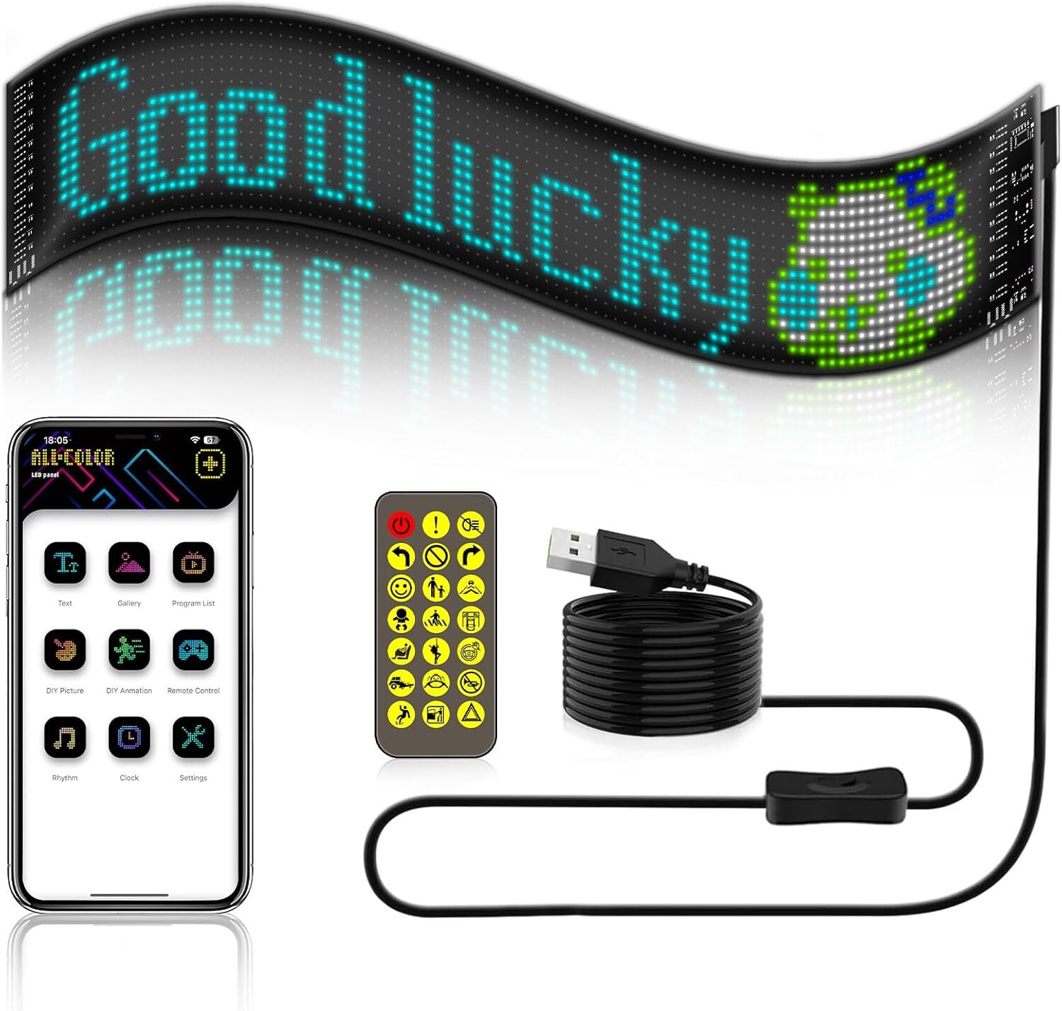 Flexible LED Signs 24''x5'' USB LED Car Sign APP Control Display for ...