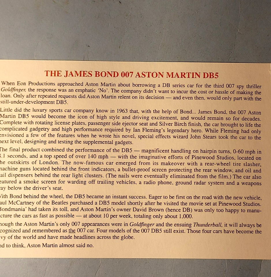 Danbury Mint James Bond Aston Martin DB5 1964 Care Instruction Folder ...