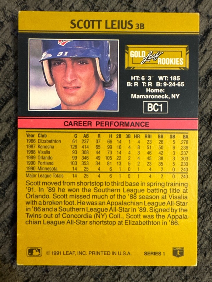 1991 Gold Leaf Rookies SCOTT LEIUS Autographed Baseball Card #BC1 TWINS ...